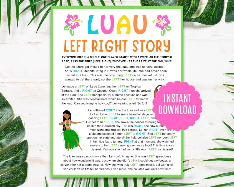 Luau Left Right Story Game: Printable Aloha Party (digital Download) - Etsy