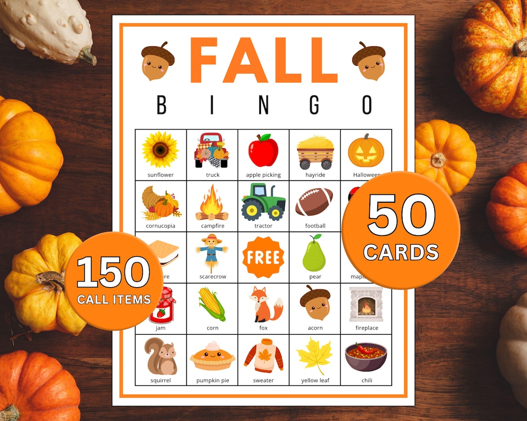 Fall Bingo Game: 50 Printable Cards, Autumn Activity (digital Download ...