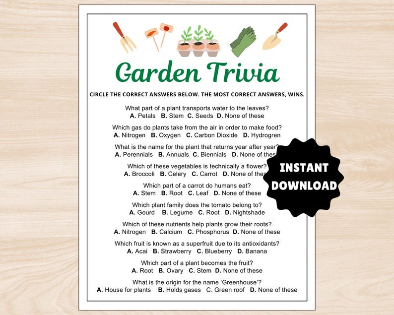 Gardening Trivia Game: Printable Garden Party Activity (answer Key ...