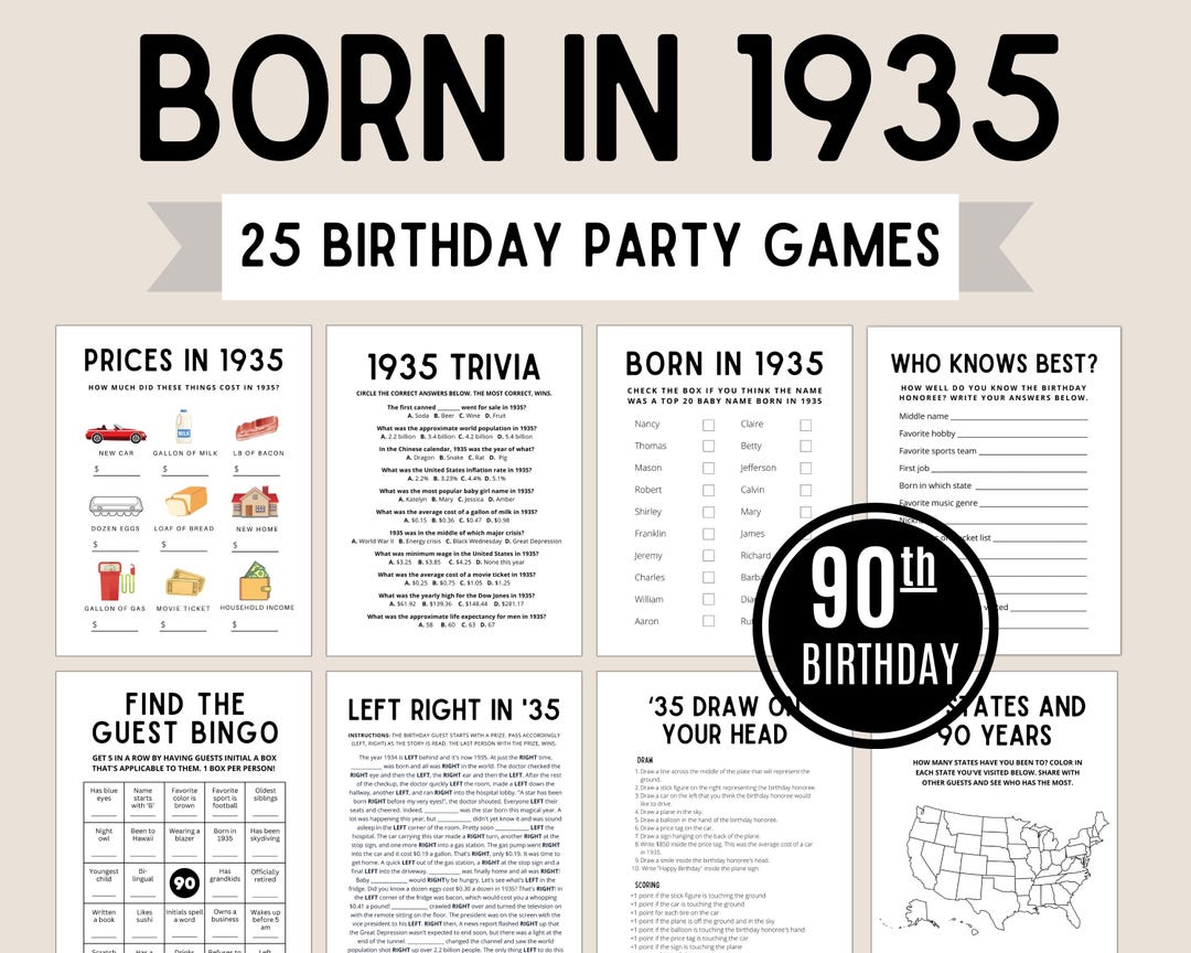 90th Birthday Games | Born in 1935 Games | Born in 1935 Birthday Games ...