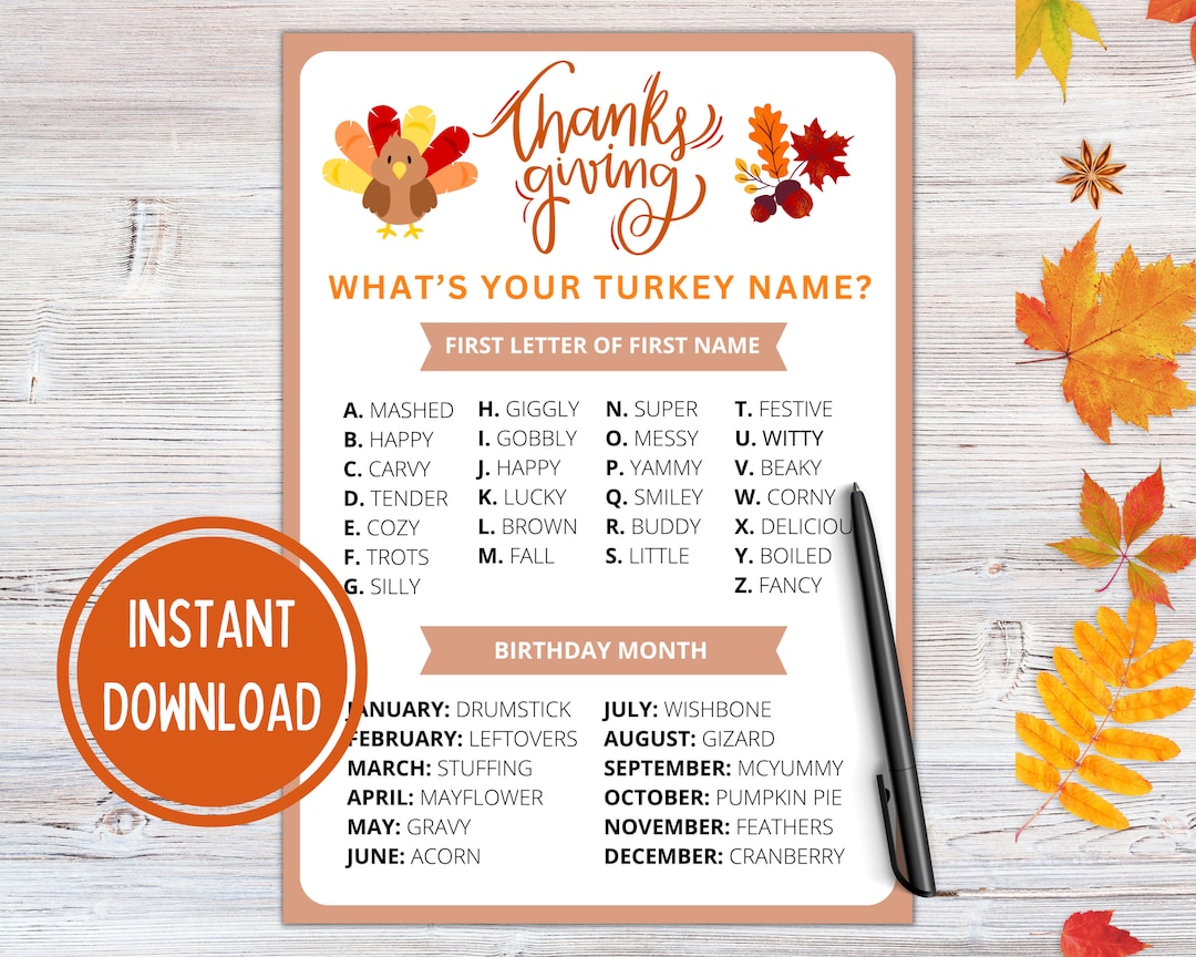 Whats Your Turkey Name | Thanksgiving Game for Kids | Thanksgiving ...