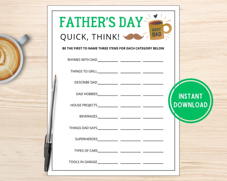Father's Day Quick Think Father's Day Game Fathers Day Activity Fun ...