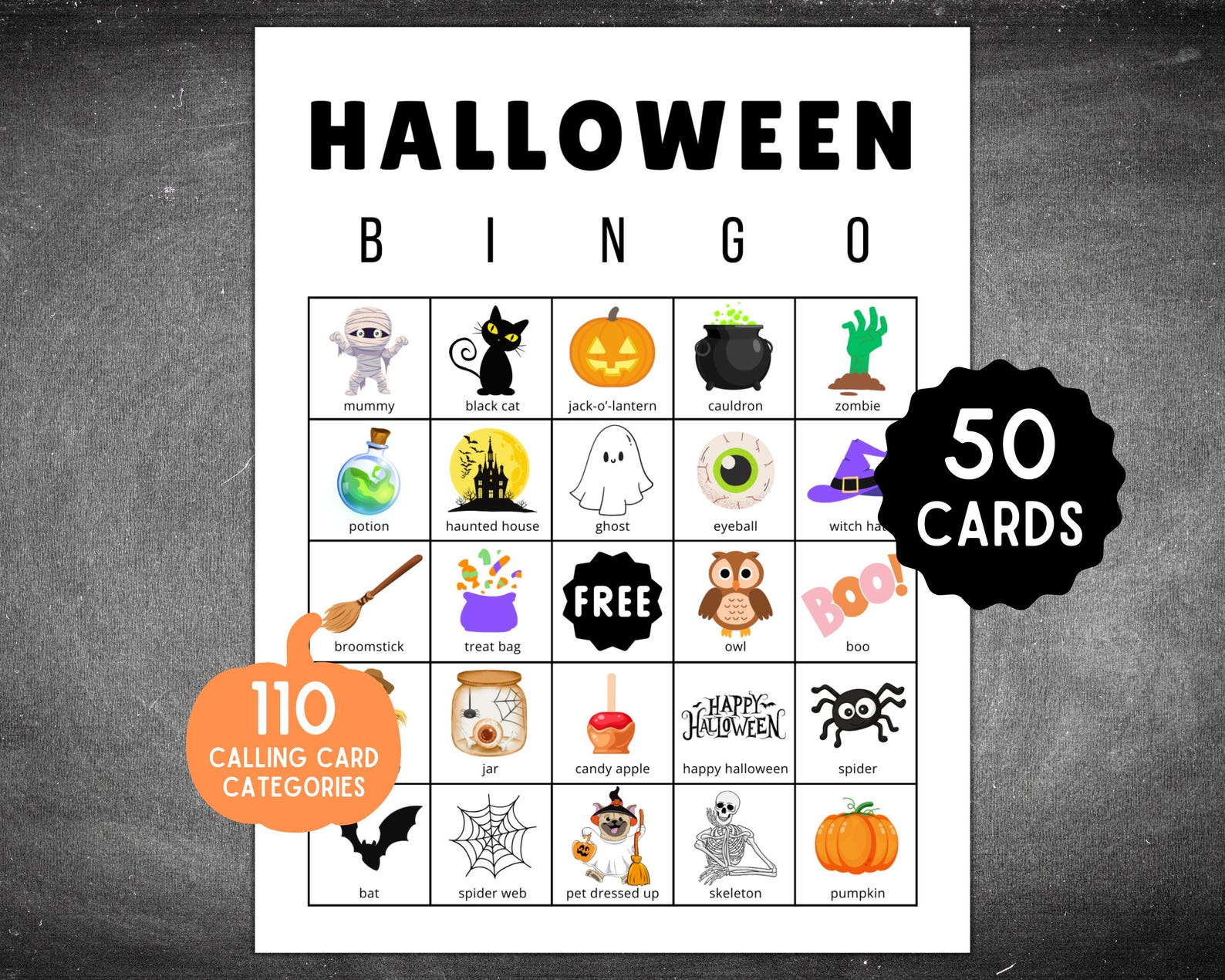 50 Halloween Bingo Cards: Printable Party Game (digital Download) - Etsy