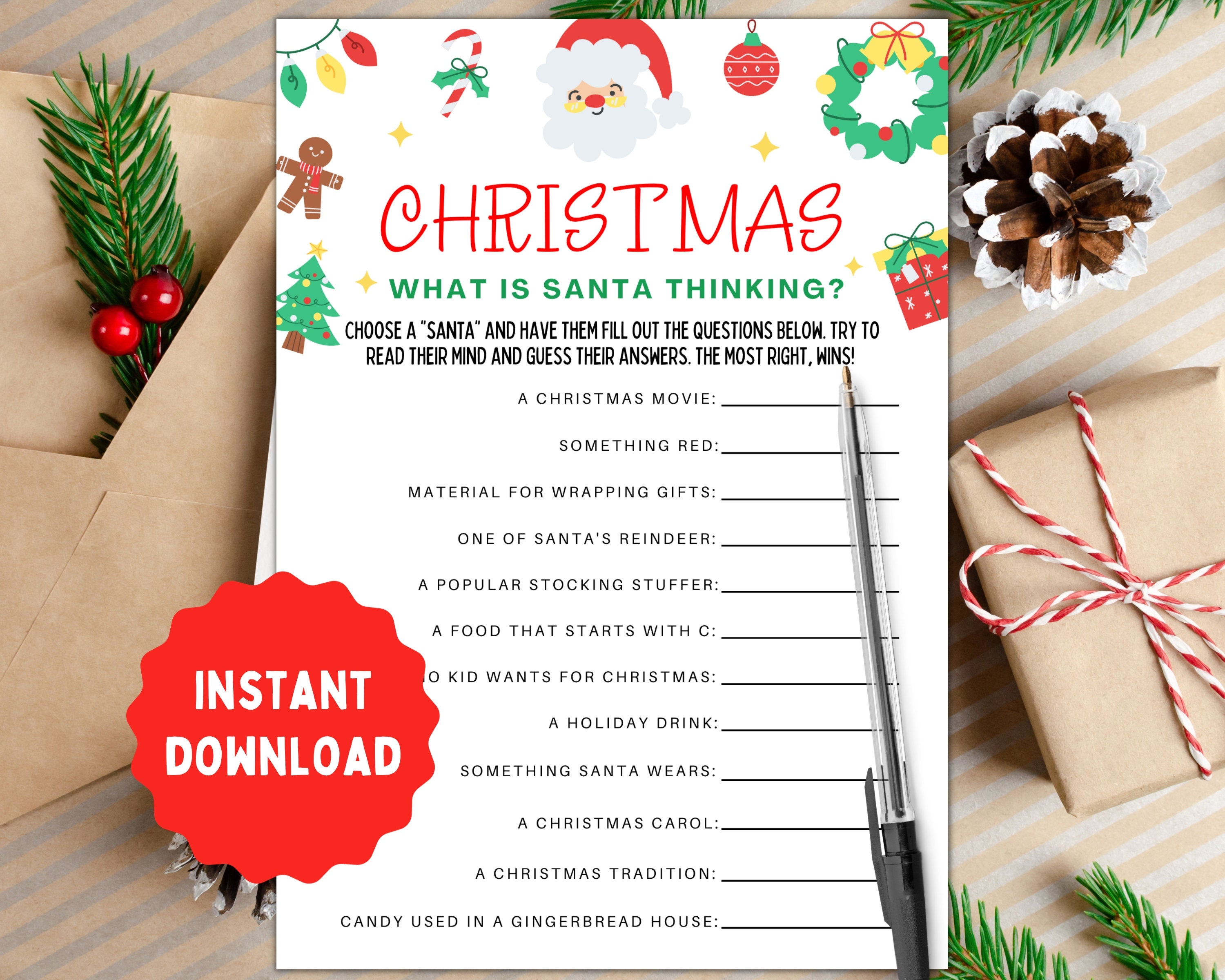 What is Santa Thinking Game | Christmas Party Game (digital Download ...