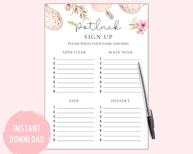 Easter Potluck Sign up Sheet | Printable Food List (digital Download ...