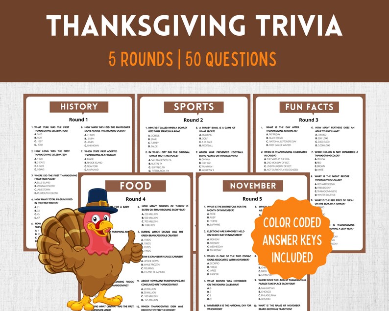 Thanksgiving Trivia Game | 50 Questions, 5 Rounds (printable) - Etsy