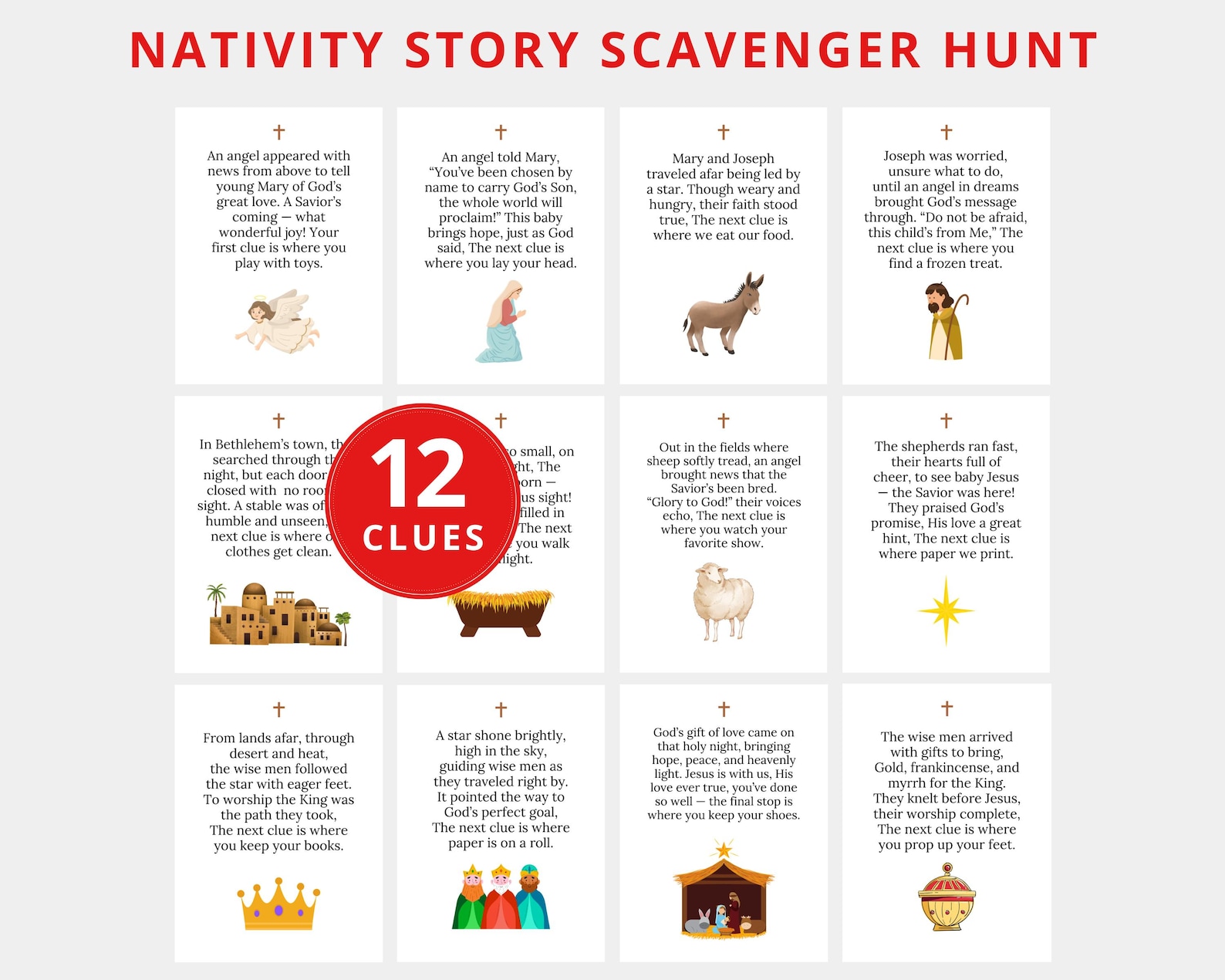 Christmas Bible Scavenger Hunt: 12 Nativity Story Scavenger Hunt Clues ...