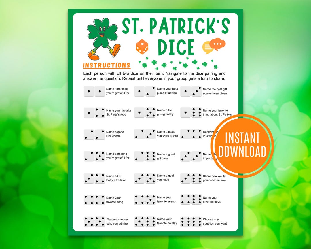 St Patricks Day Dice | St Patricks Day Icebreaker | Printable St ...