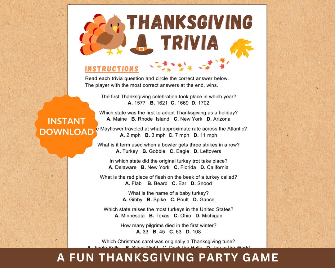 Thanksgiving Trivia Game: Fun Holiday Quiz (digital Download) - Etsy