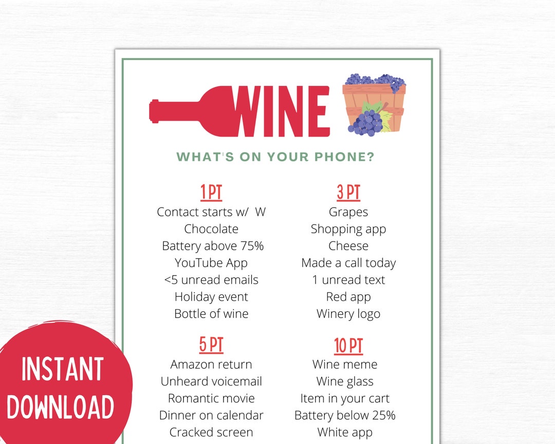 Whats on Your Phone Wine Game | Wine Party Games | Wine Tasting Party ...