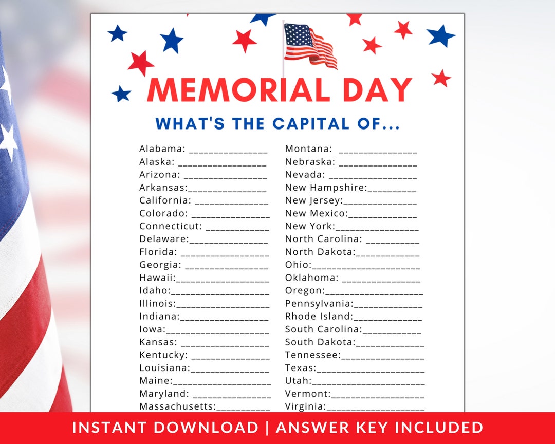 States and Capitals Game Memorial Day Games Patriotic Game Memorial Day ...
