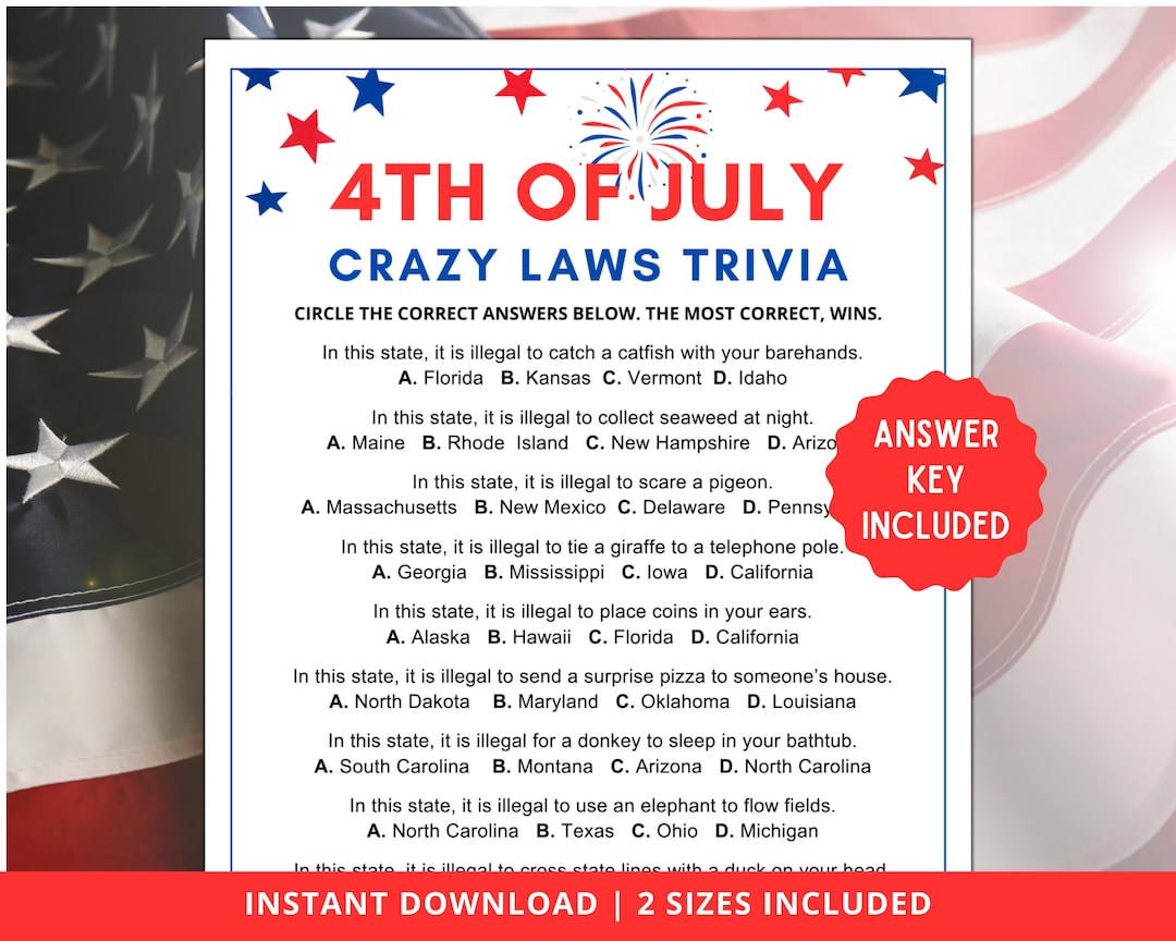Funny 4th of July Game | Crazy Laws Trivia (printable) - Etsy