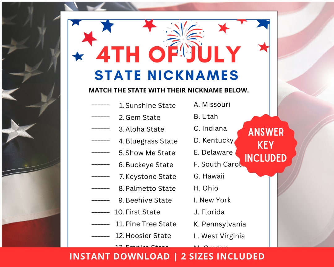 4th of July State Nickname Game July 4th Game Independence Day Game ...