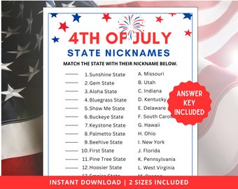 4th of July State Nickname Game July 4th Game Independence Day Game ...