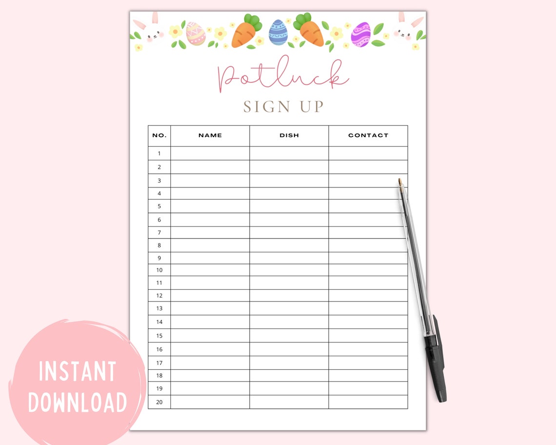 Easter Potluck | Potluck Sign up Sheet | Easter Sign up Sheet | Easter ...