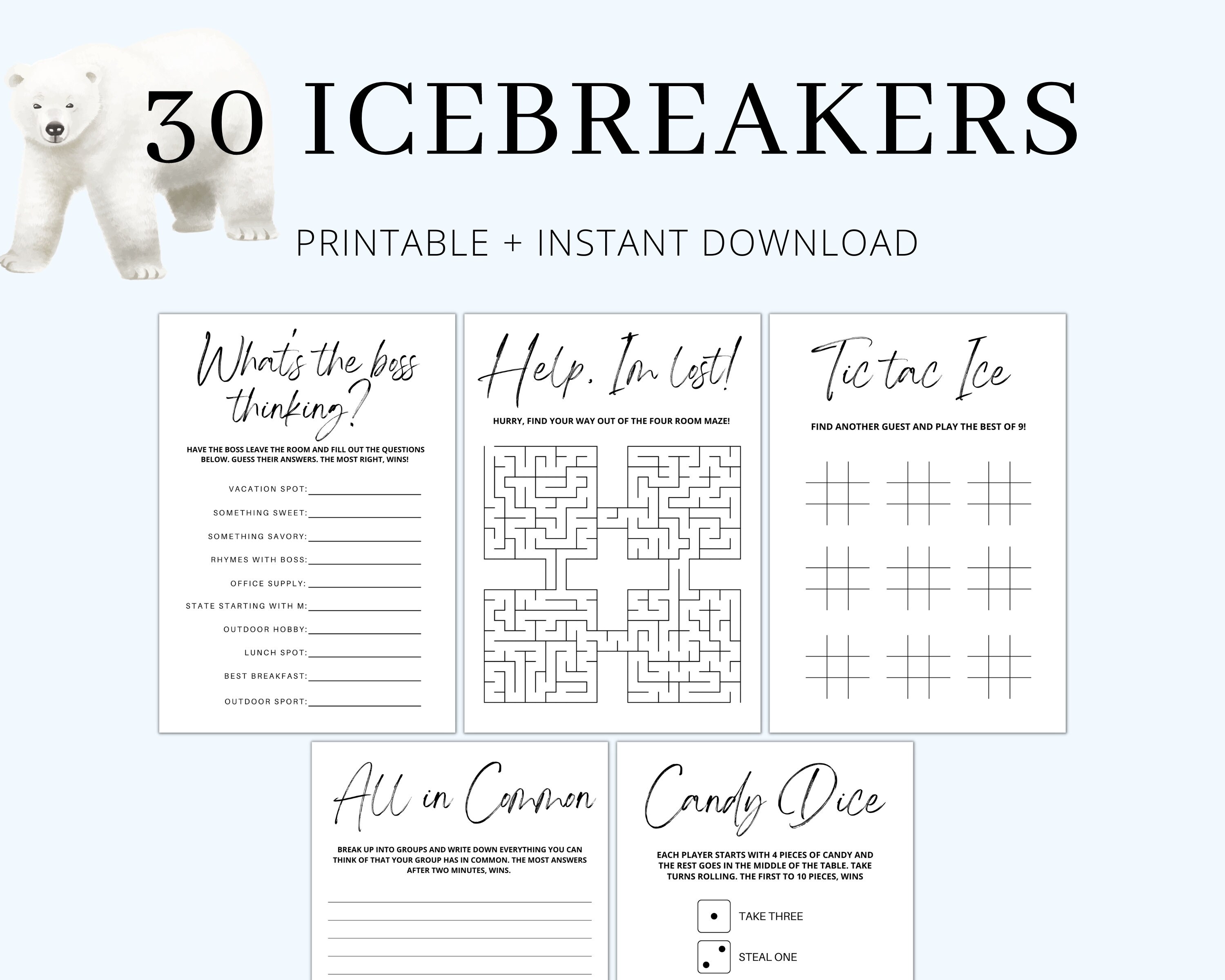 Fun Icebreaker Games | 30 Printable Office Party Activities (digital ...