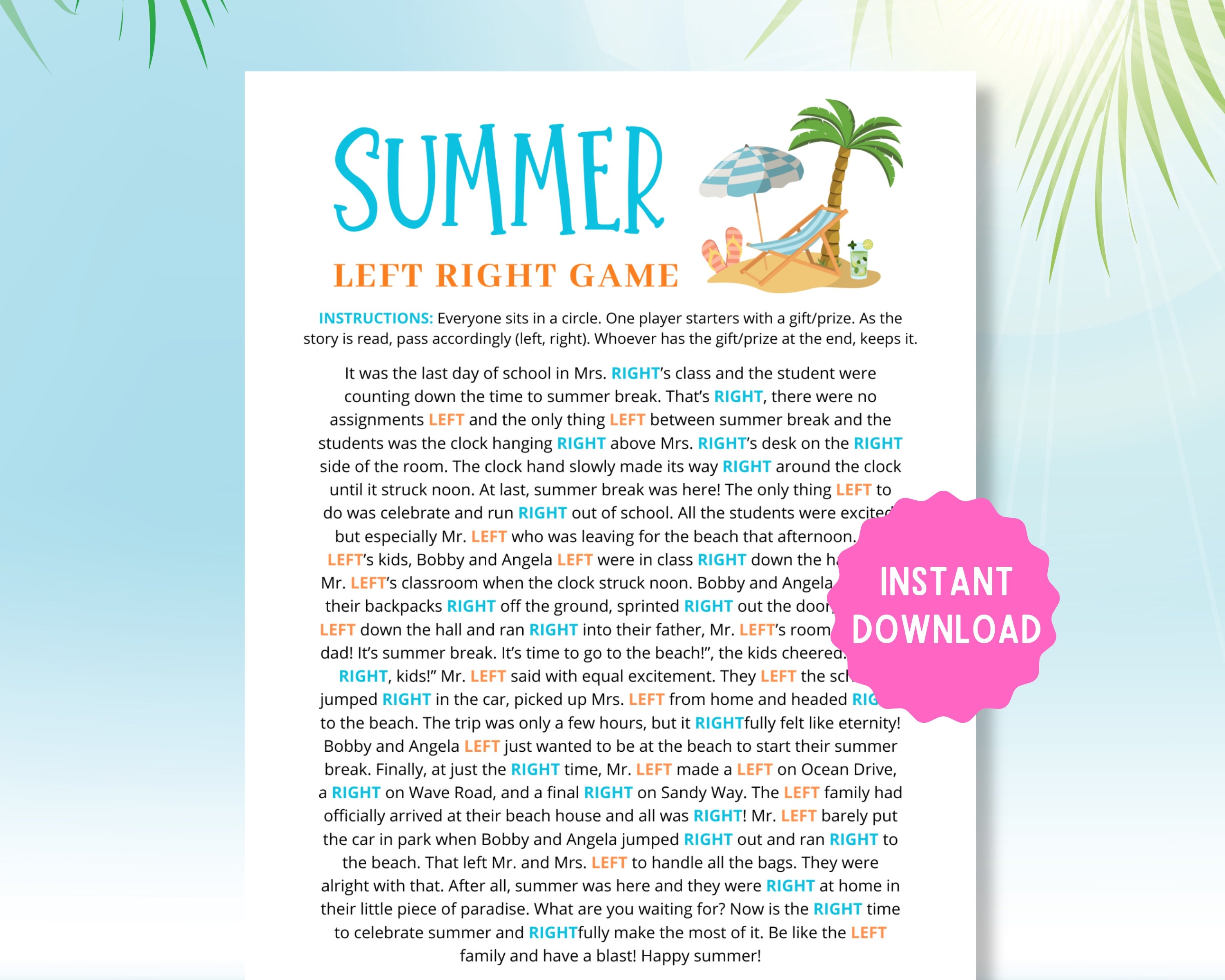 Summer Left Right Game | Fun Roadtrip Activity (printable) - Etsy