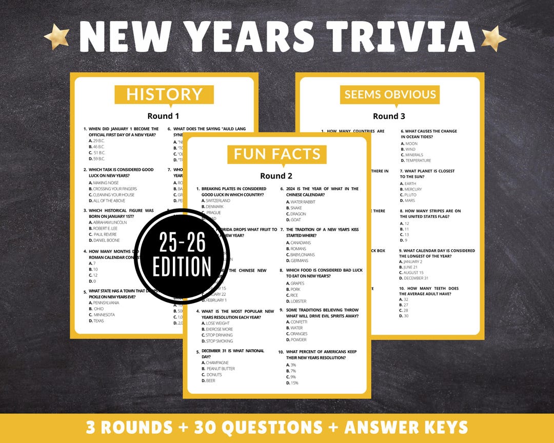 New Years Trivia Game | 2024-2025, Adults & Kids (printable) - Etsy