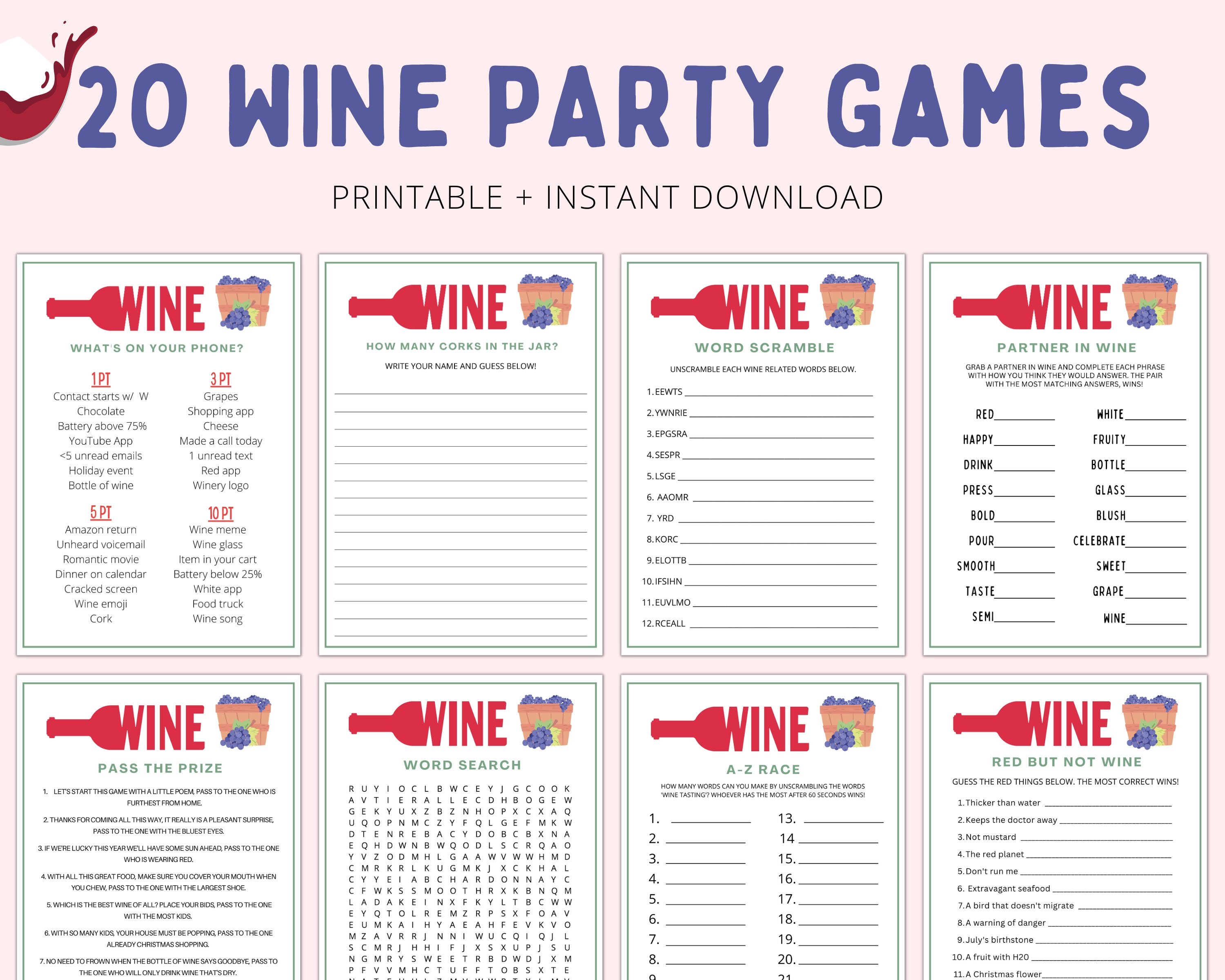 Wine Party Games Bundle | 20 Printable Games (digital Download) - Etsy