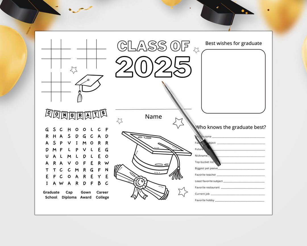 2025 Graduation Placemat | Graduation Games | Graduation Party Activity ...