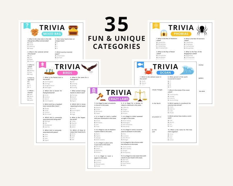 Trivia Game MEGA Bundle: 35 Categories, 350 Questions (printable) - Etsy
