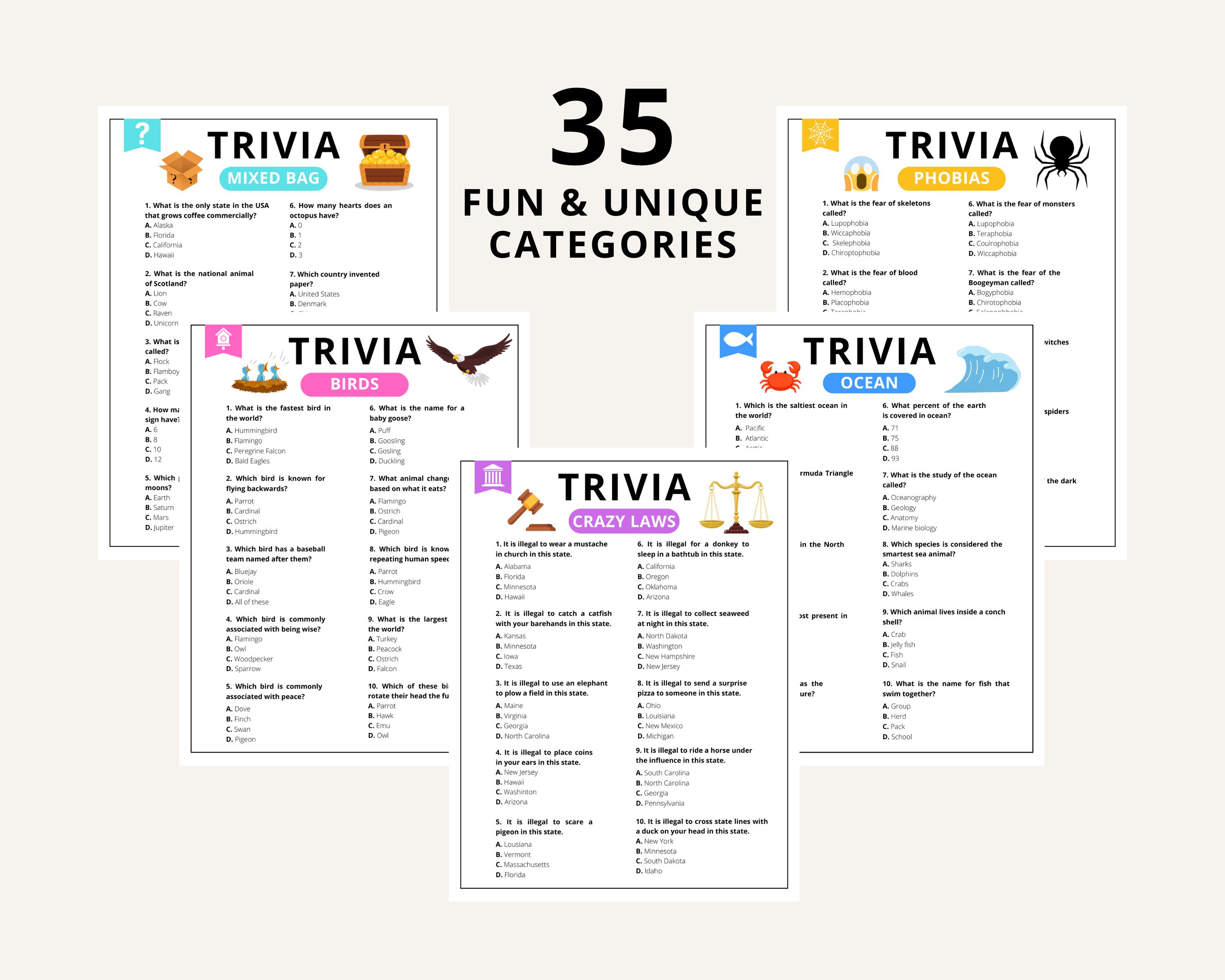 Trivia Game MEGA Bundle: 35 Categories, 350 Questions (printable) - Etsy