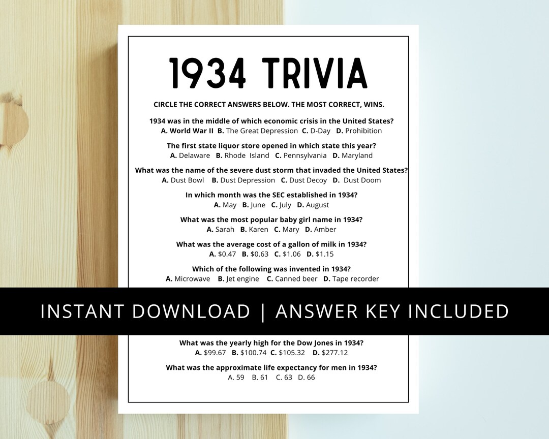 1934 Trivia | 90th Birthday Party Game | Born in 1934 | 90th Birthday ...