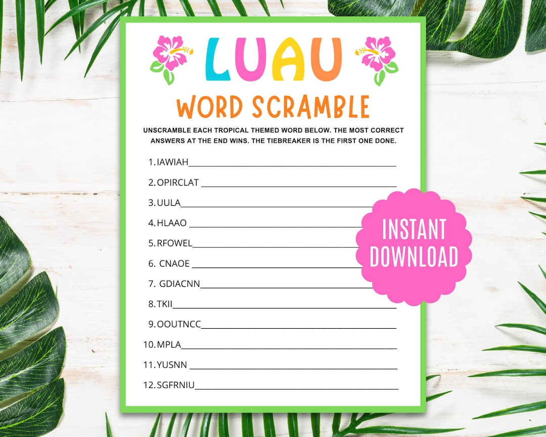 Luau Word Scramble | Luau Game | Aloha Game | Luau Party Game | Luau ...