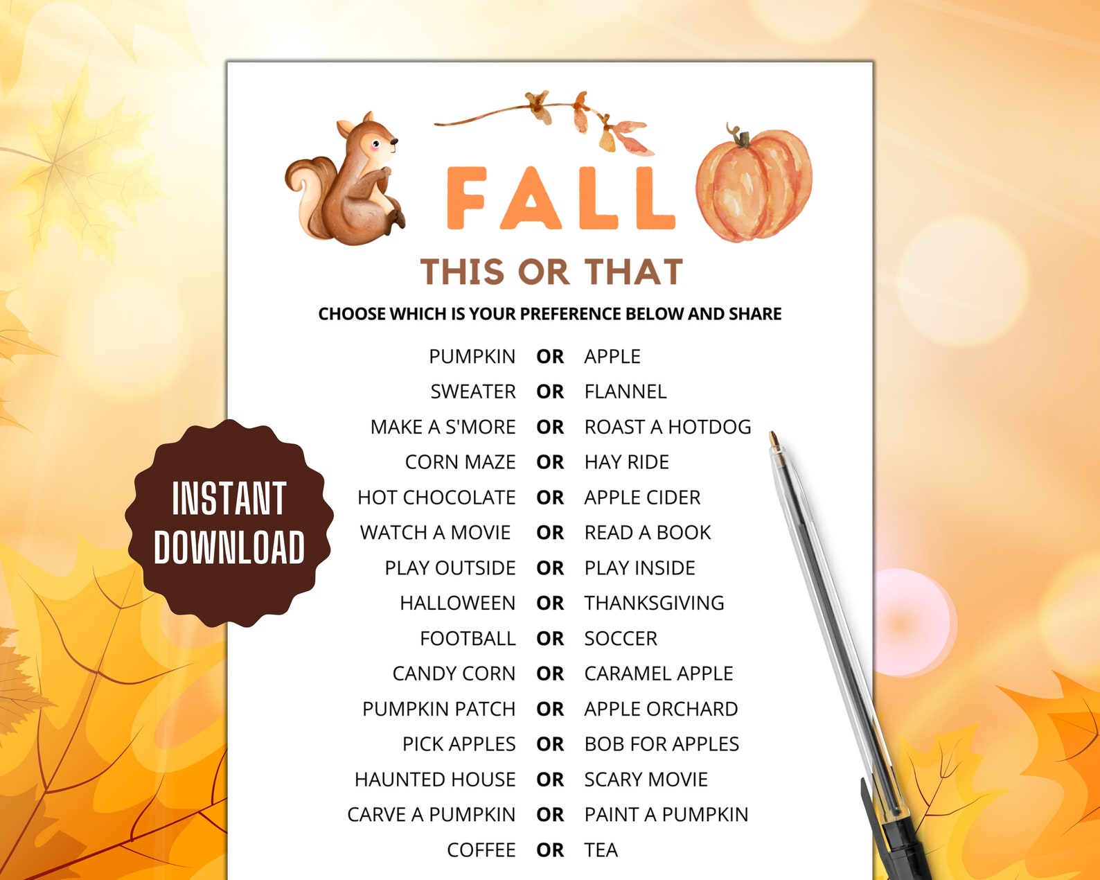 Fall This or That Game | Printable Autumn Party Game (digital Download ...