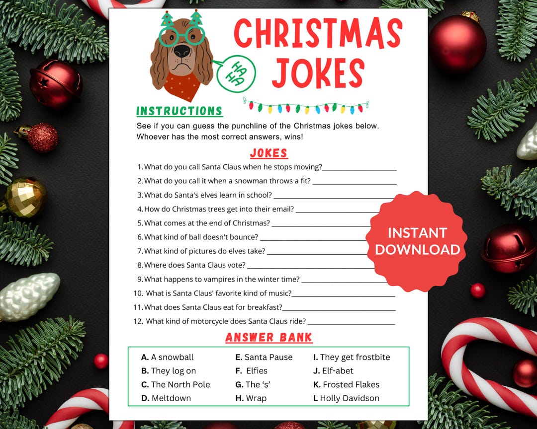 Funny Christmas Jokes Game: Printable Holiday Riddles (digital Download ...