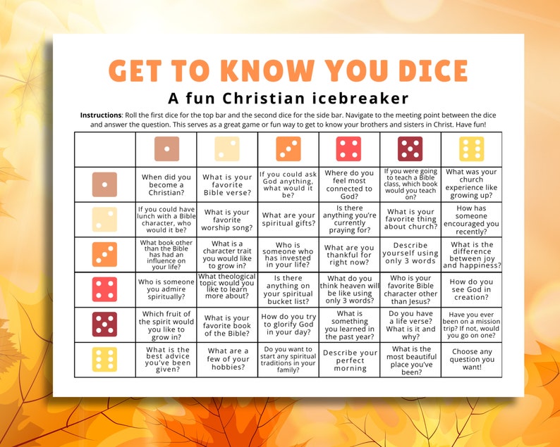 Fall Bible Icebreaker Game: Get to Know You Dice (printable) - Etsy