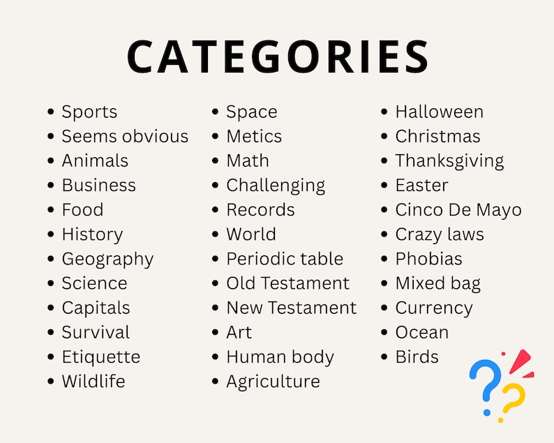 Trivia Game MEGA Bundle: 35 Categories, 350 Questions (printable) - Etsy