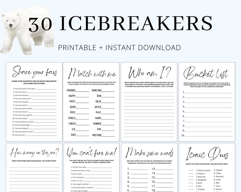Fun Icebreaker Games | 30 Printable Office Party Activities (digital ...