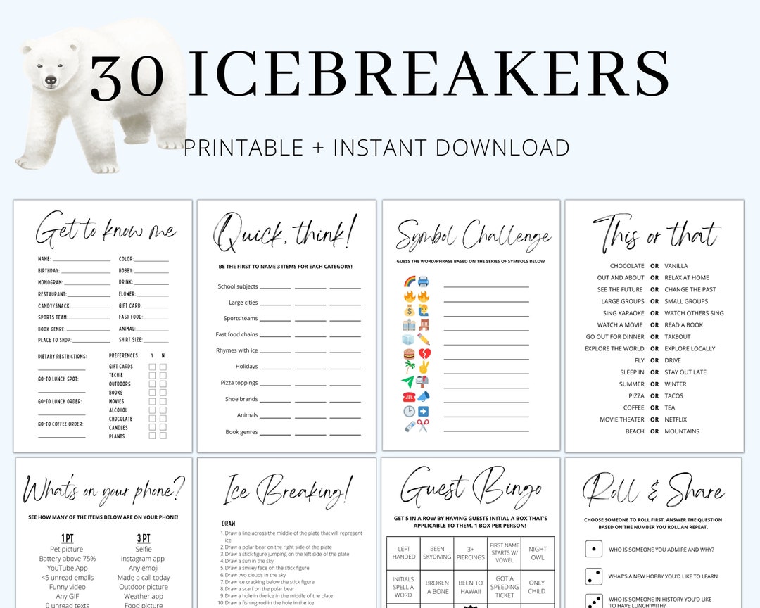 Fun Icebreaker Games | 30 Printable Office Party Activities (digital ...