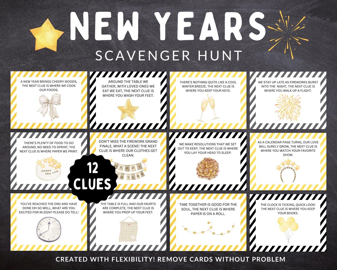 New Years Scavenger Hunt | New Years Eve Games | New Years Clue Hunt ...