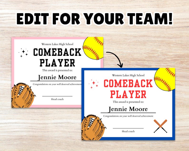 Editable Softball Award Certificates | Team Banquet (digital Download ...