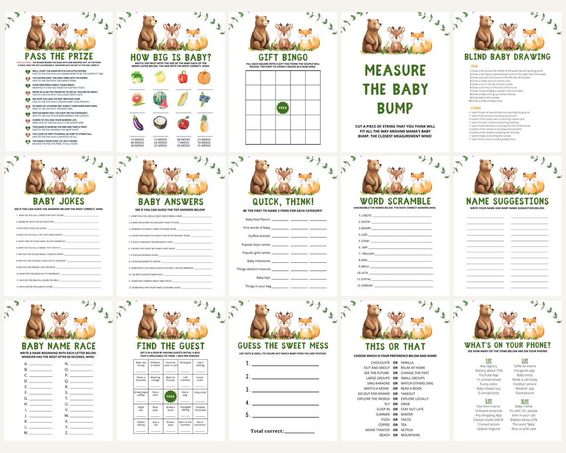 Woodland Animals Baby Shower Games: 40 Game Bundle (digital Download ...
