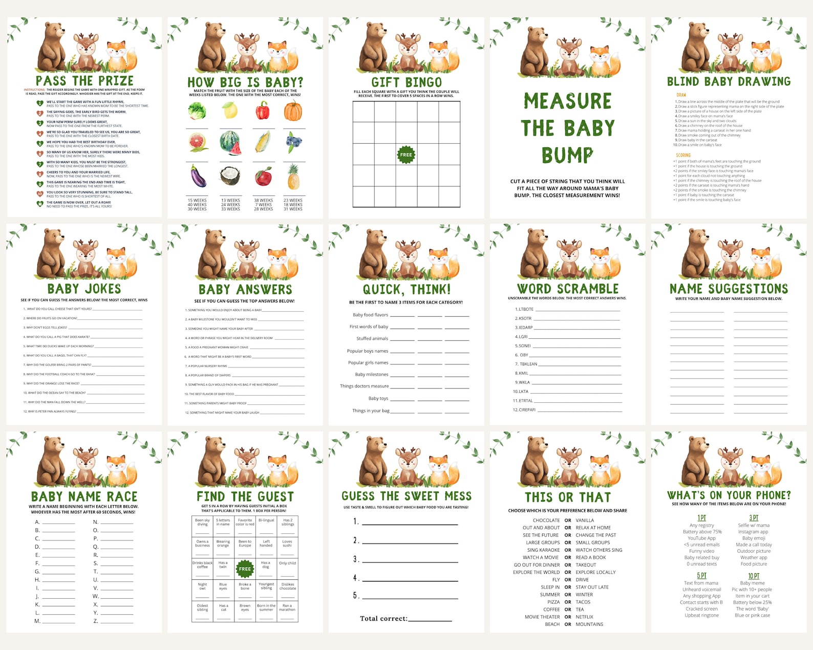 Woodland Animals Baby Shower Games: 40 Game Bundle (digital Download ...
