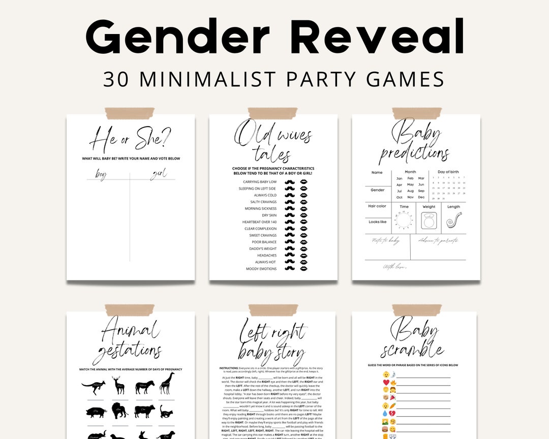 Minimalist Gender Reveal Games Bundle | 30 Party Games (digital ...