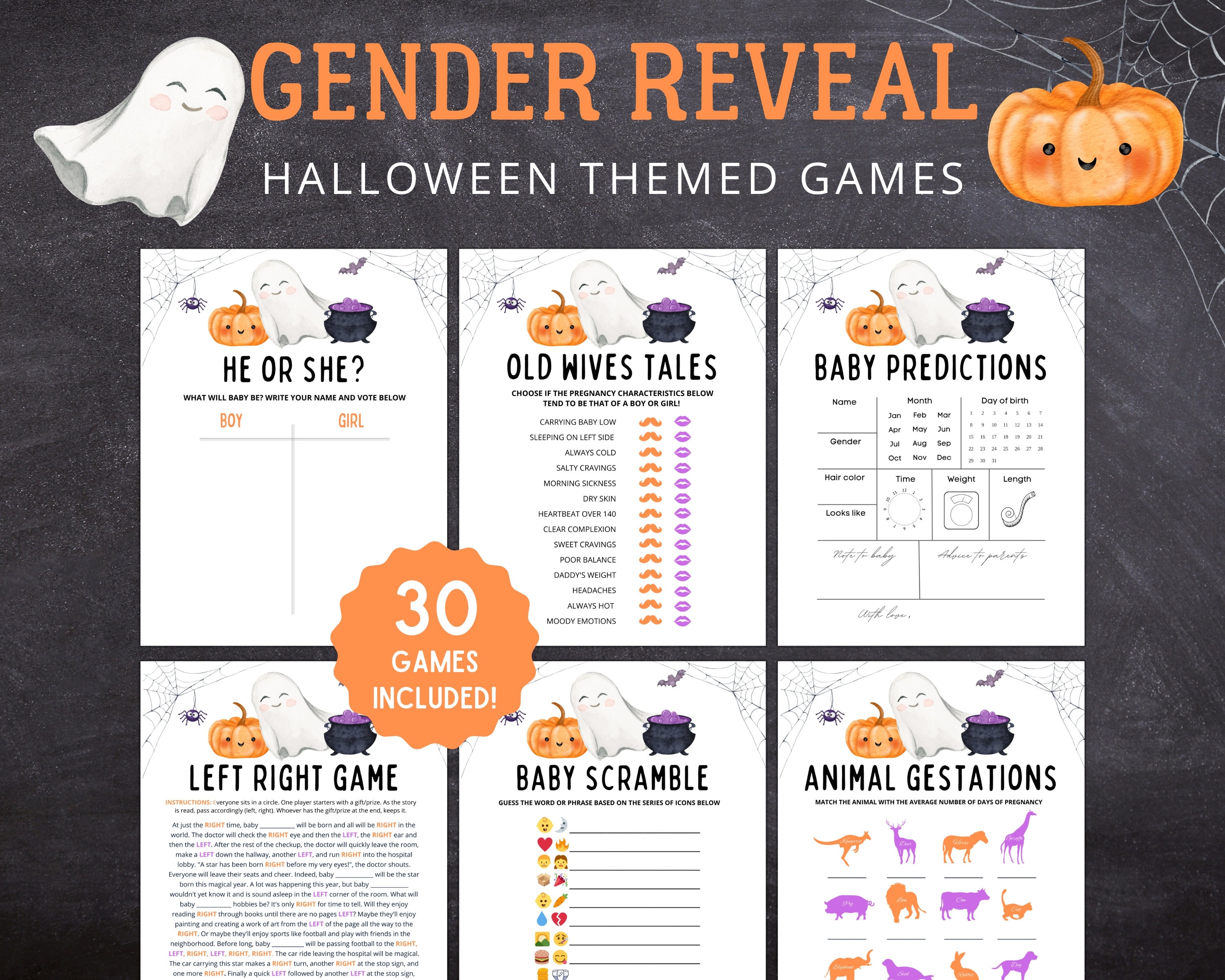 Halloween Gender Reveal Games | 30 Printable Party Activities (digital ...