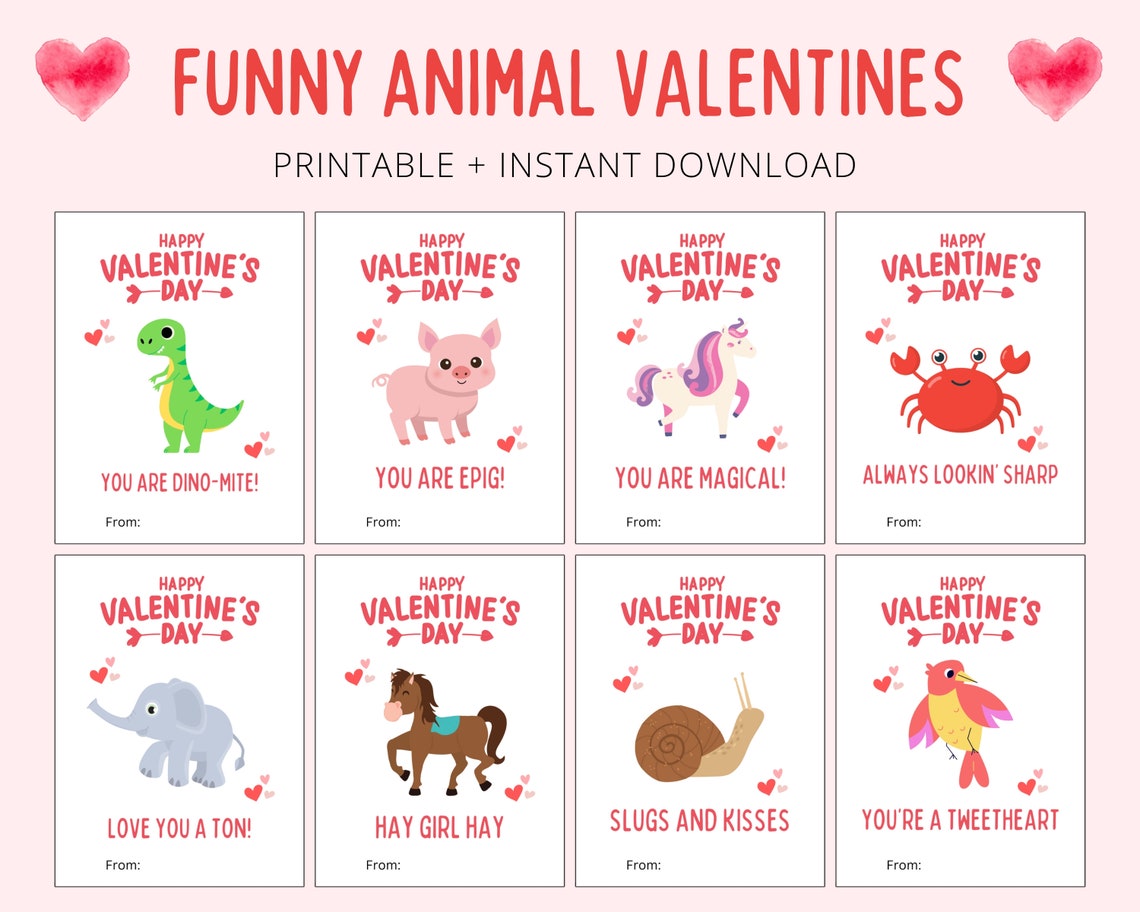 Funny Animal Valentines Cards | Kids Classroom Valentine's (digital ...