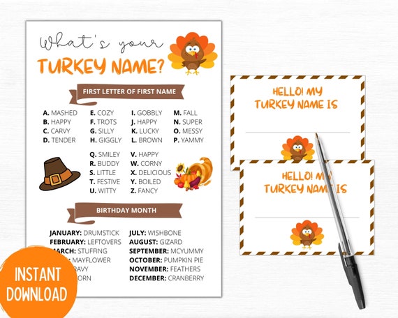 What's Your Turkey Name Thanksgiving Game for Kids - Etsy