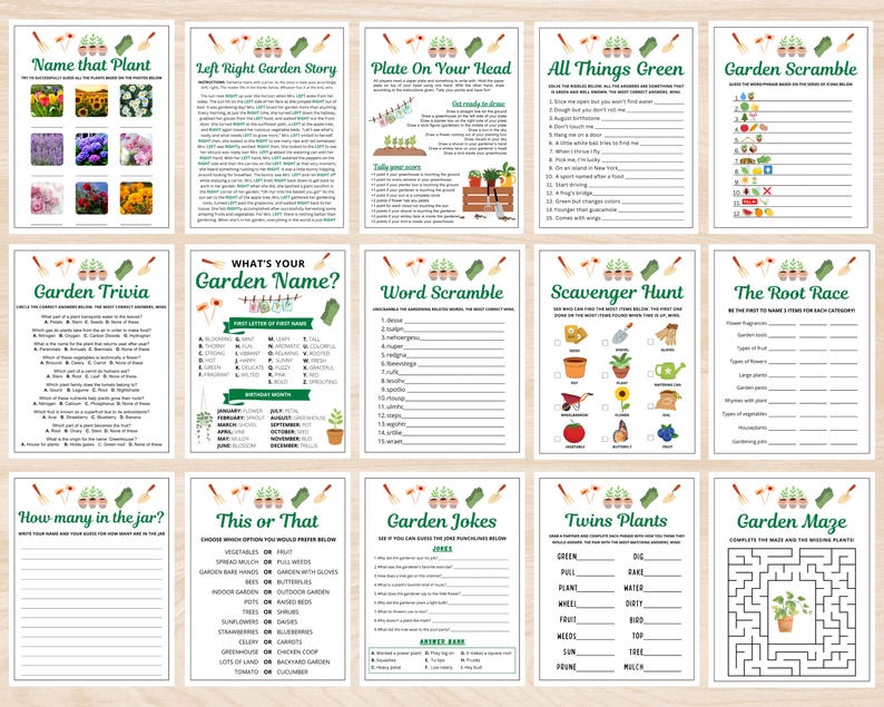 Printable Gardening Game Bundle: 20 Garden Party Activities (digital ...