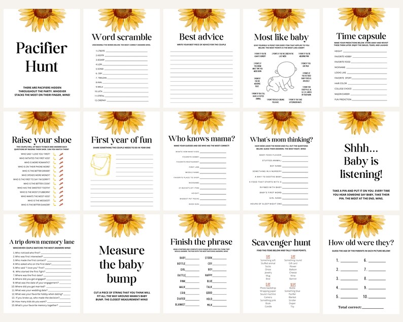 Sunflower Baby Shower Games: Rustic Fall Theme (digital Download) - Etsy
