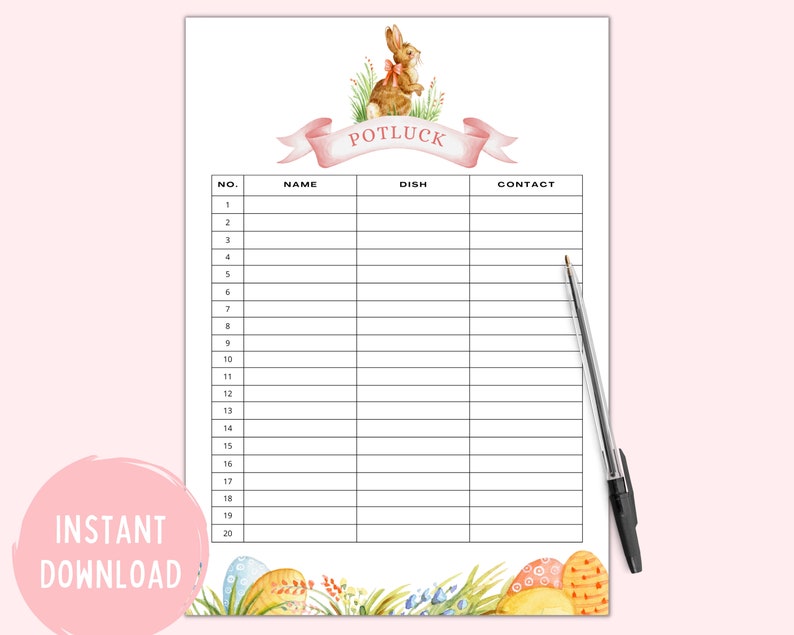 Easter Potluck Sign-up Sheet | Printable Food List (digital Download ...