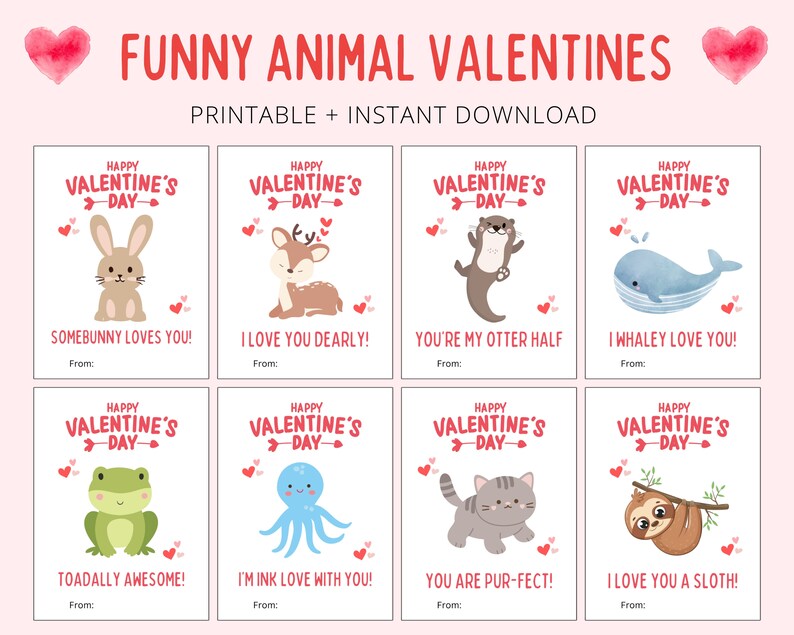 Funny Animal Valentines Cards | Kids Classroom Valentine's (digital ...