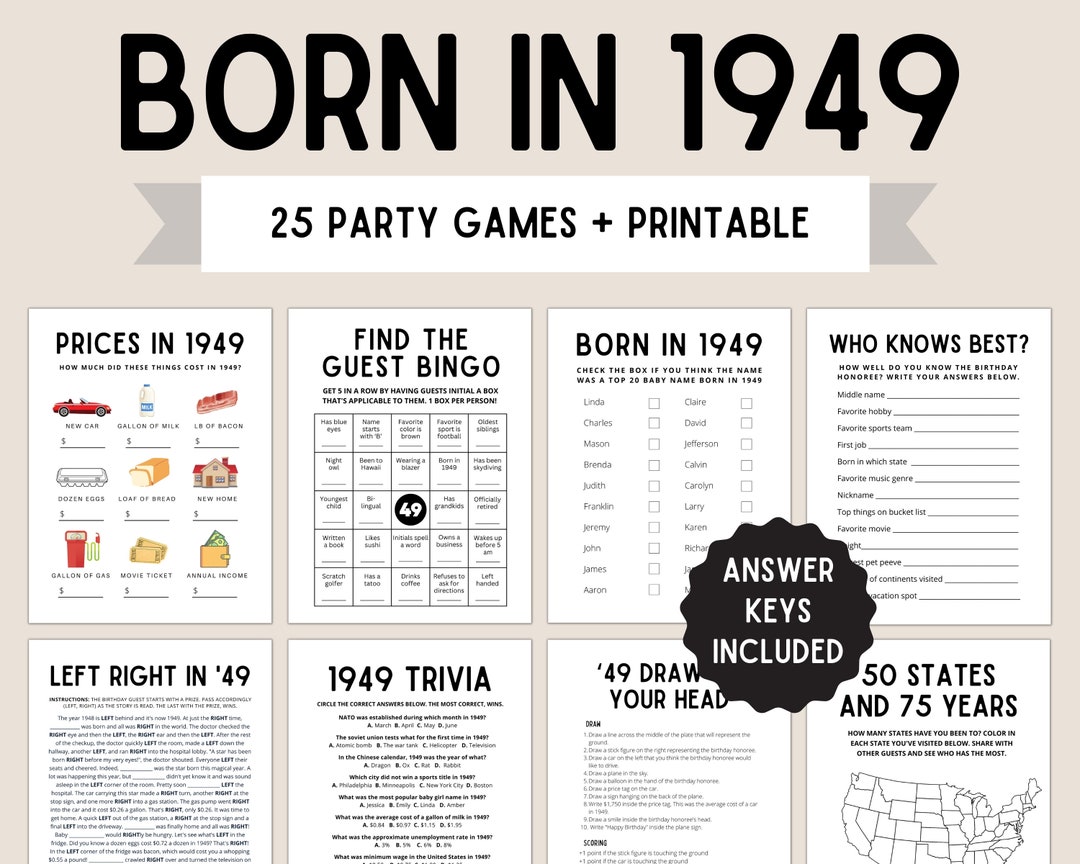75th Birthday Party Games Born in 1949 70th Birthday Games 1949 Games ...
