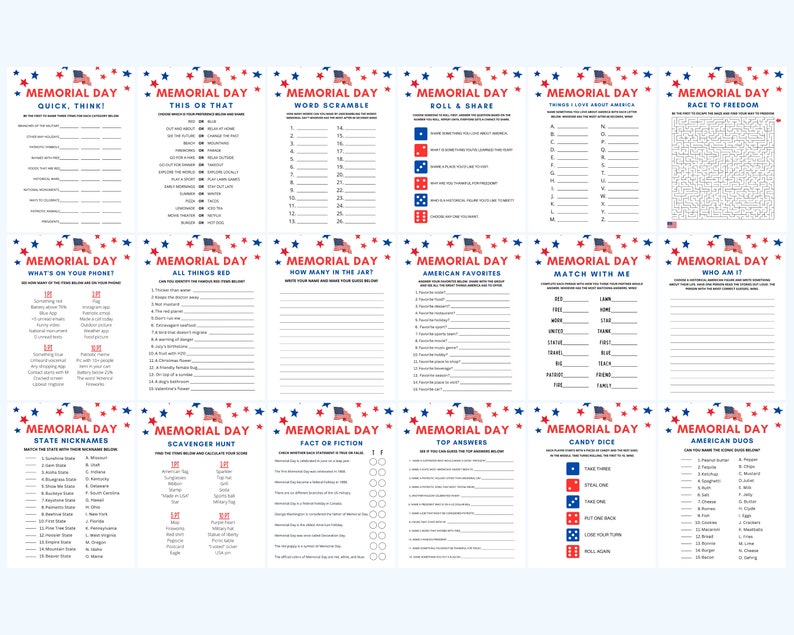 Memorial Day Games Bundle | 25 Printable Activities (digital Download ...