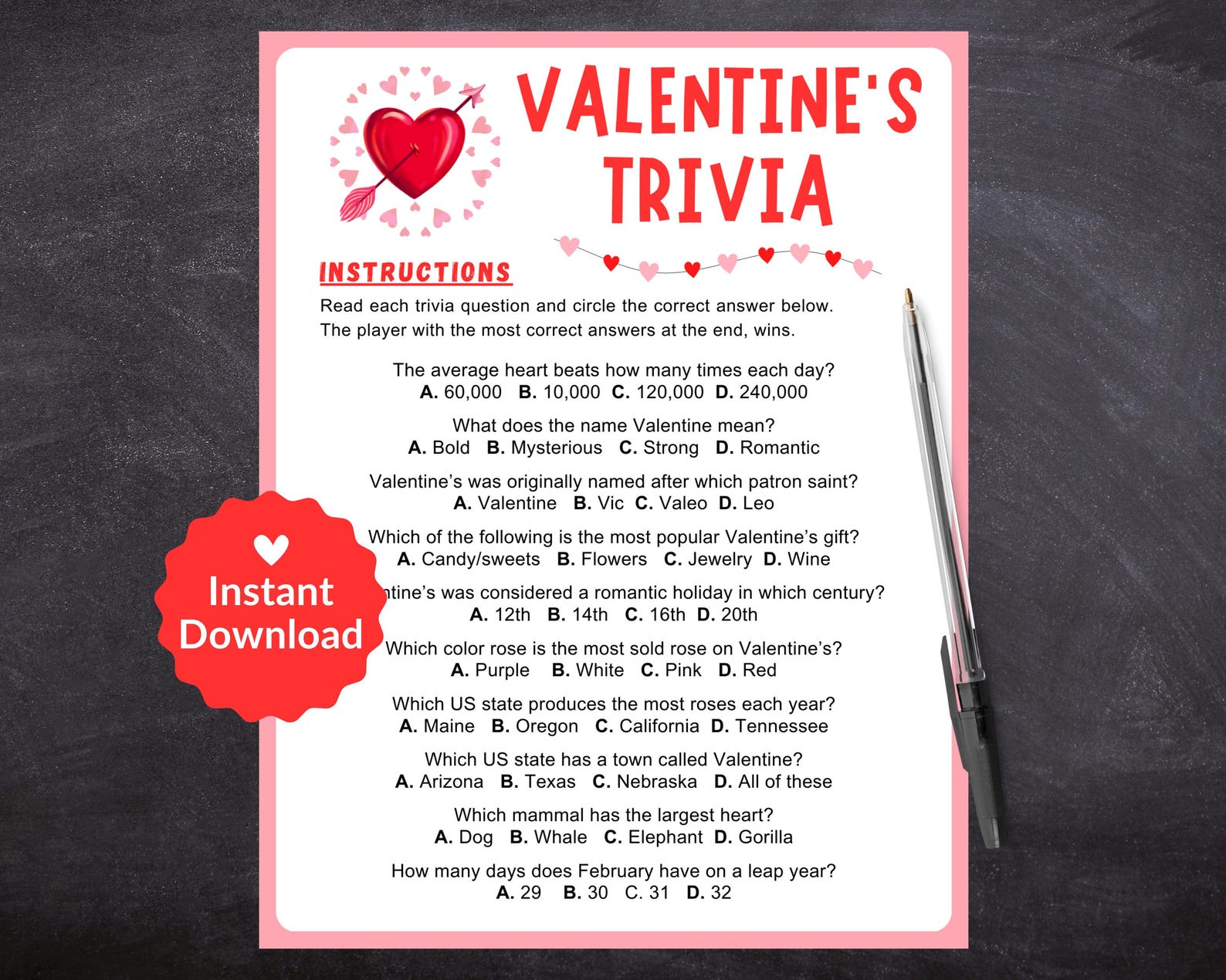 Valentine's Day Trivia Game: Printable Party Icebreaker (digital ...