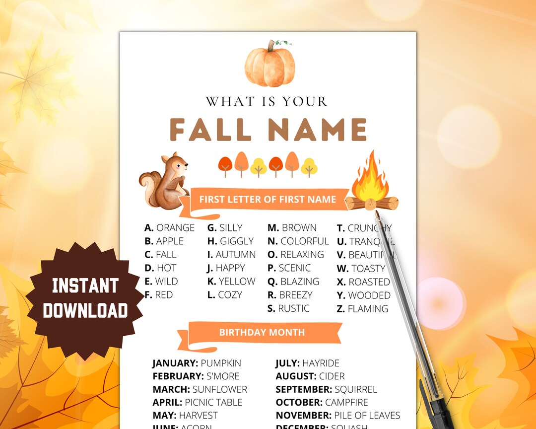Whats Your Fall Name Fall Game Fall Game Printable Fall Party Game Fall ...